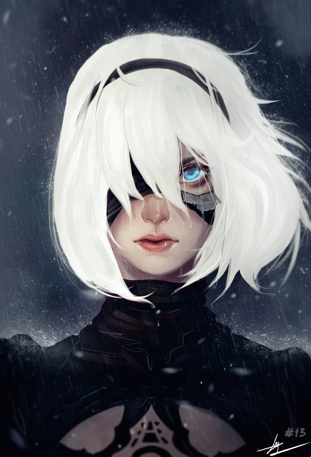 NieR: Automata – The Enigmatic 2B in a Stormy Night
