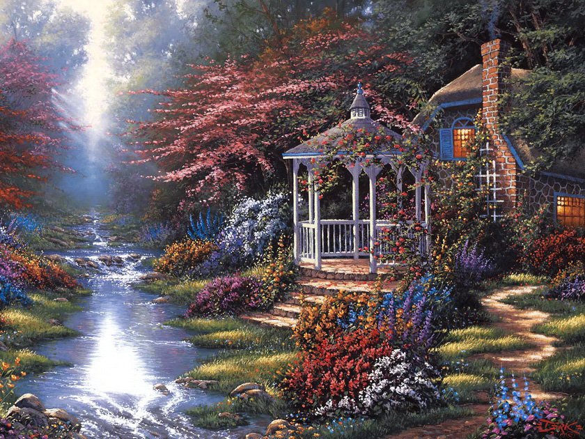 Download Colorful Stream Flower Spring Gazebo Cottage Artistic Painting Art