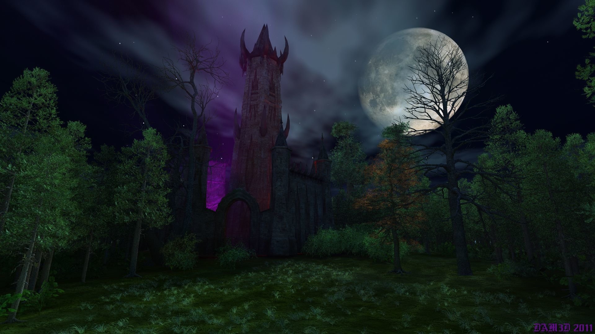 Download Moon Night Tree Castle Artistic Fantasy Art