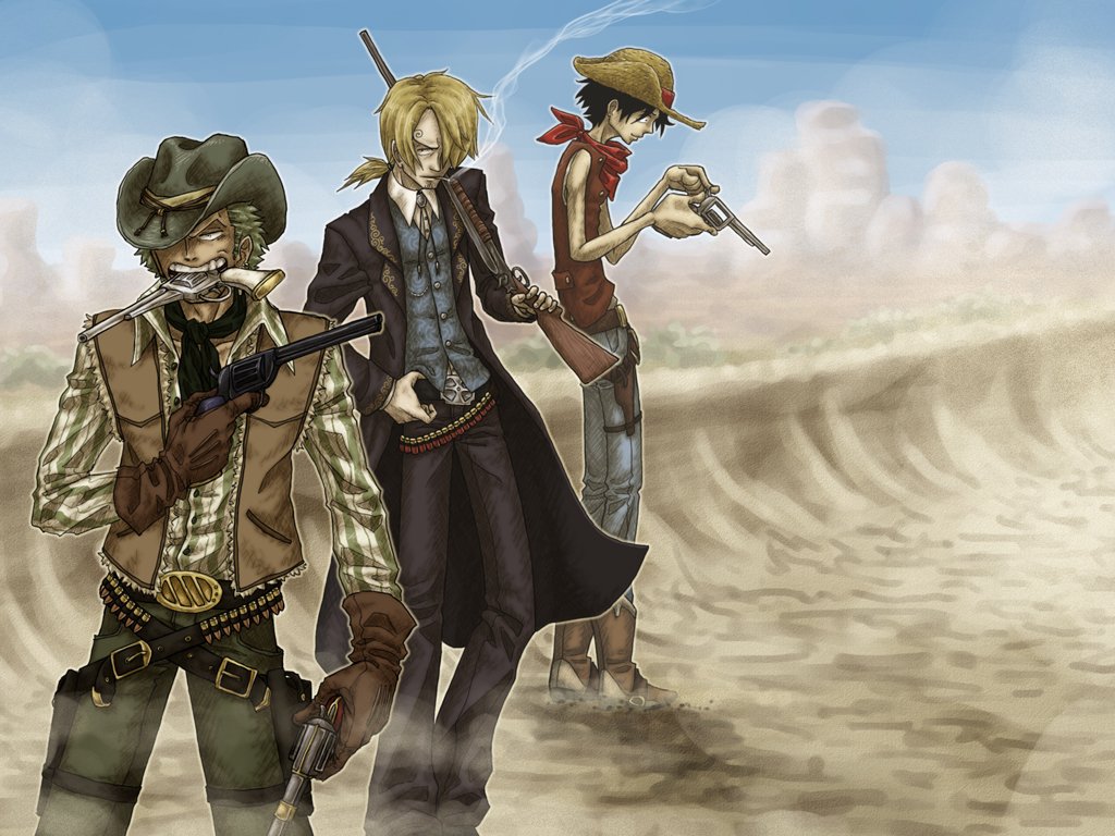 Western Adventure: Luffy, Sanji, and Zoro in One Piece Style