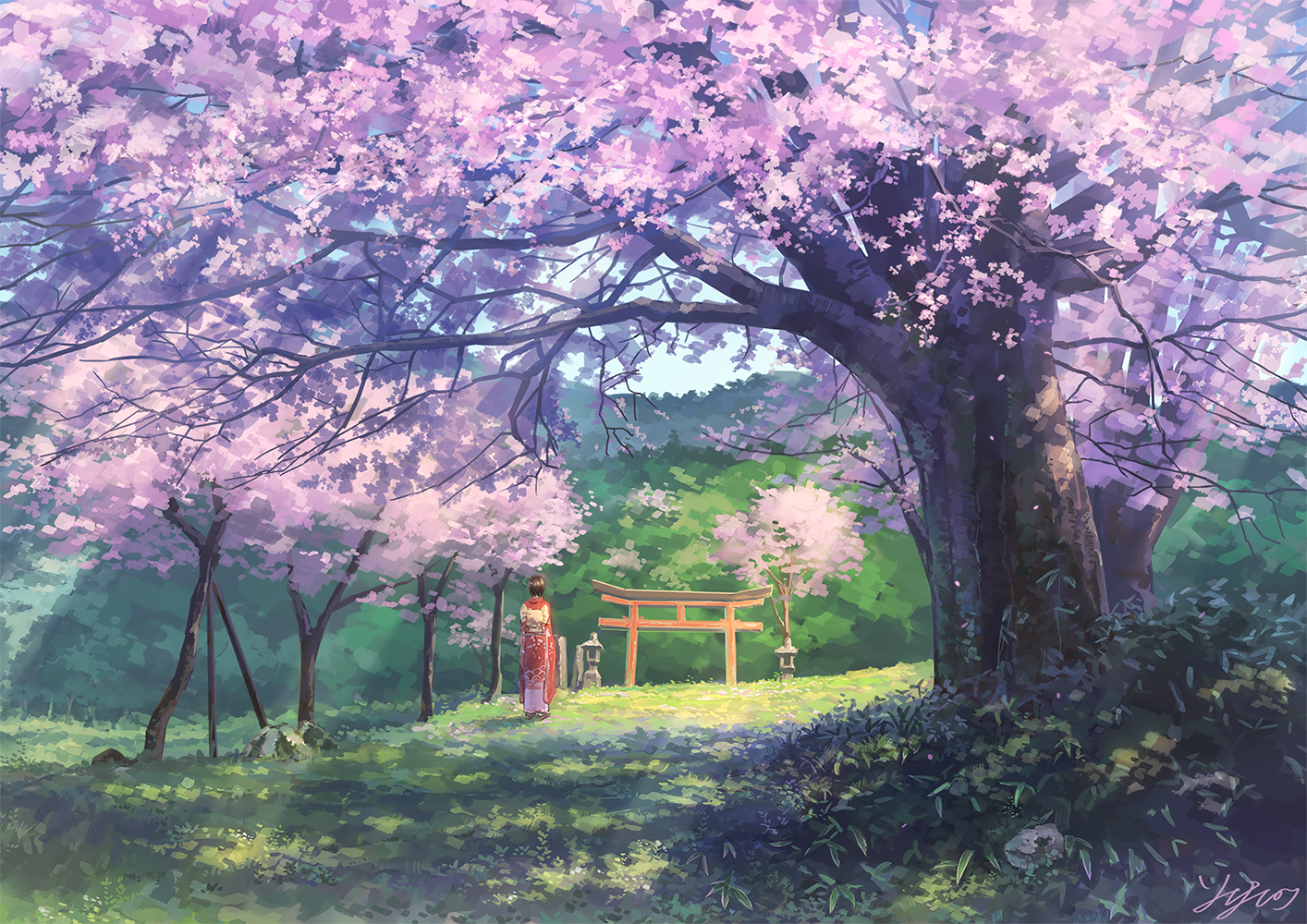 Enchanting Pink Anime Scenery Beneath Blossoming Trees and Vibrant Grass
