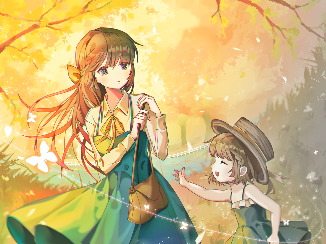 Wind-Kissed Anime Girls with Butterflies and Hats in Autumn Glow