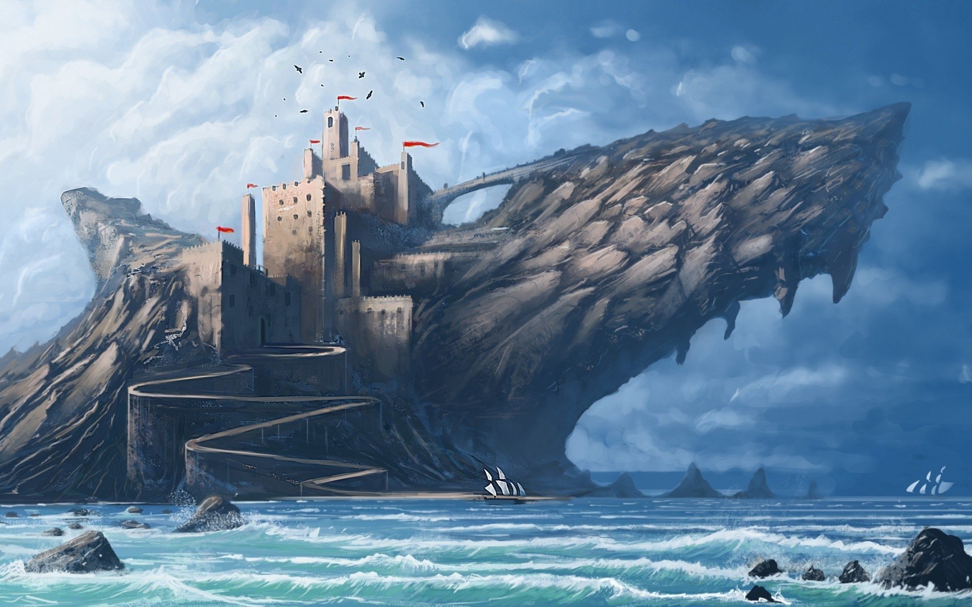 Download Cloud Water Sea Fantasy Ship Castle Art