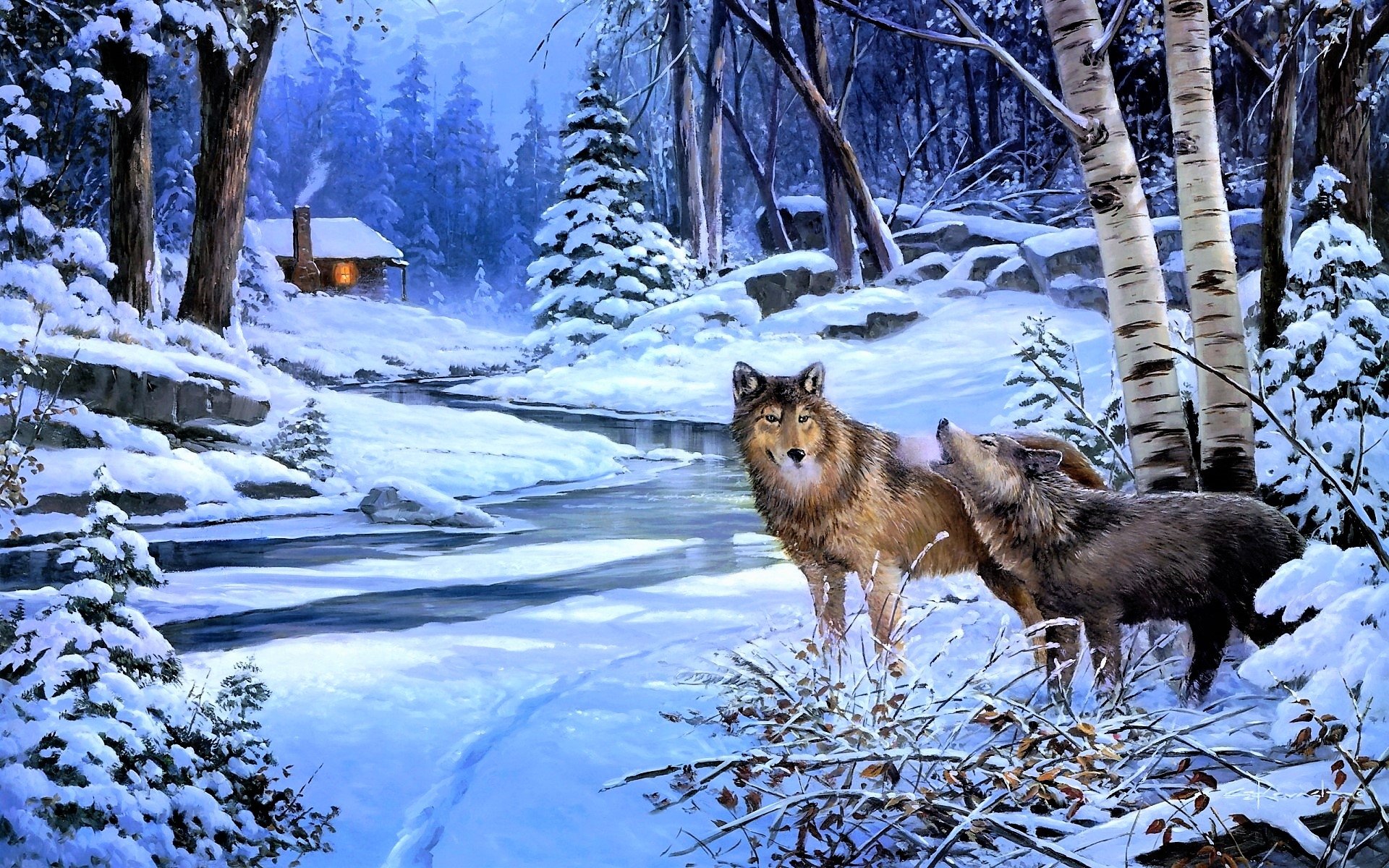 Download Birch Tree Forest Wolf Snow Winter Artistic Painting Art