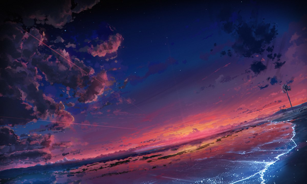 Anime Dreamscape: Serene Sunset Over the Vibrant Beach and Sky