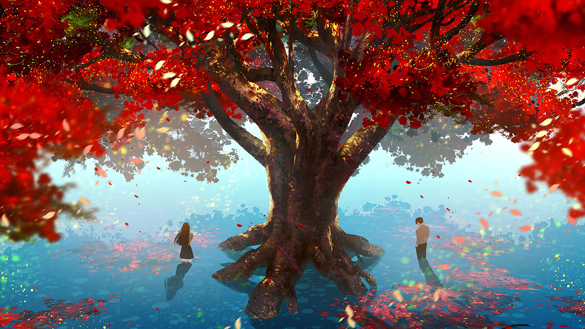 Download Long Hair School Uniform Water Fall Anime Tree Autumn Anime Art