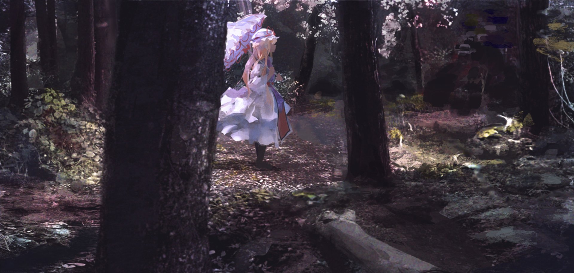 Download White Dress Umbrella Forest Tree Blonde Yukari Yakumo Anime ...
