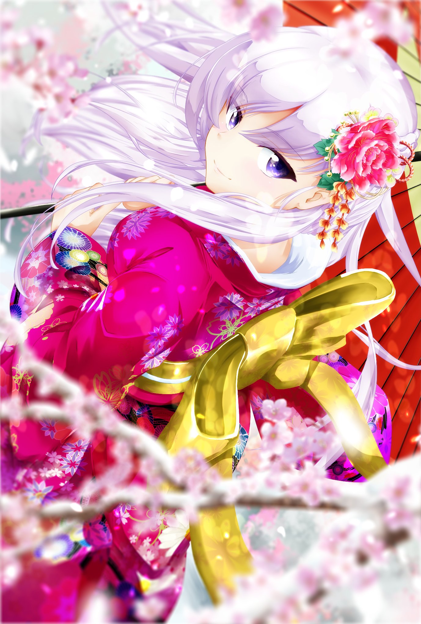 Download Cherry Blossom Flower Purple Eyes Yukata Long Hair White Hair ...