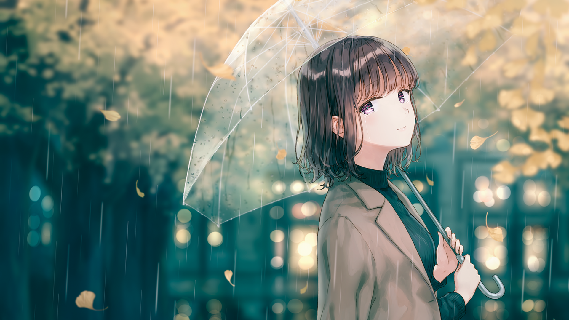 Download Fall Rain Purple Eyes Short Hair Umbrella Anime Girl Anime ...