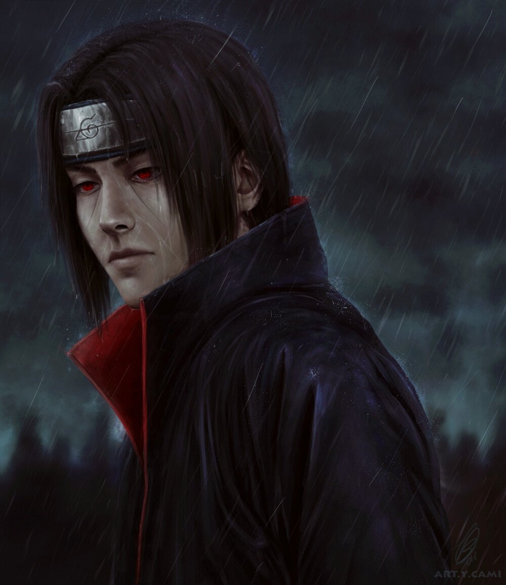 Itachi Uchiha's Sharingan Awakens Amid the Rain – Naruto Anime Vibes