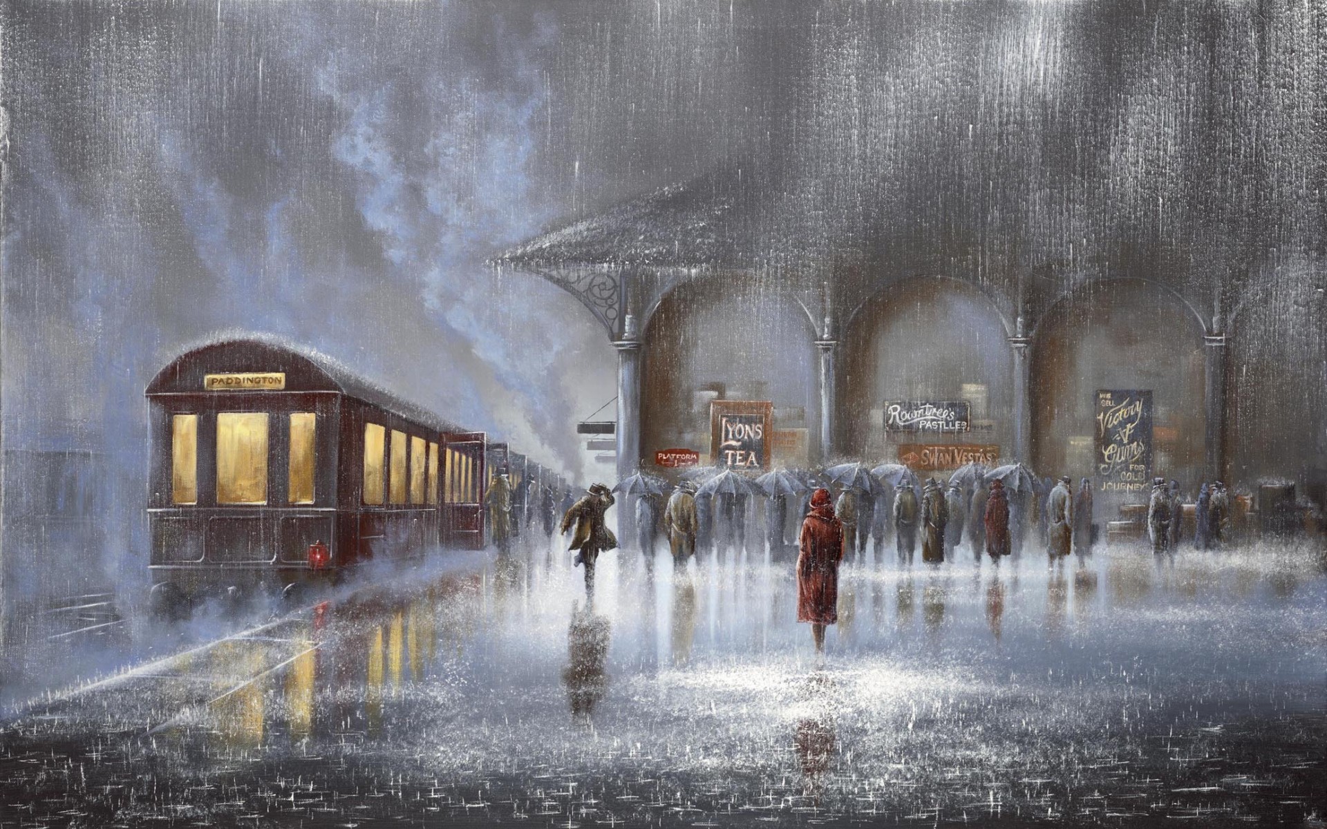 Download People Night Rain Train Artistic Painting Art