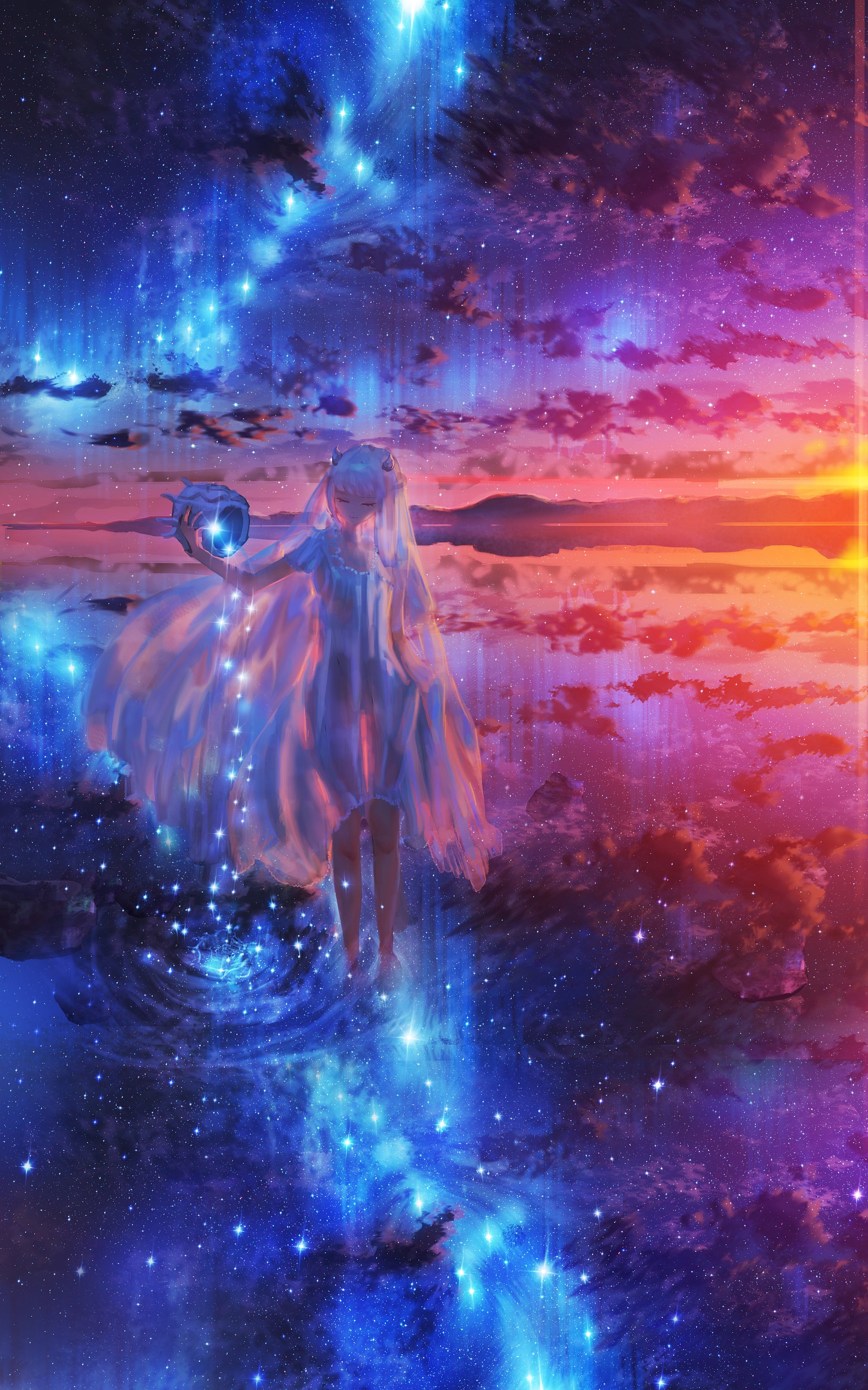 Download Reflection Sunset Starry Sky Anime Original Anime Sunset Art