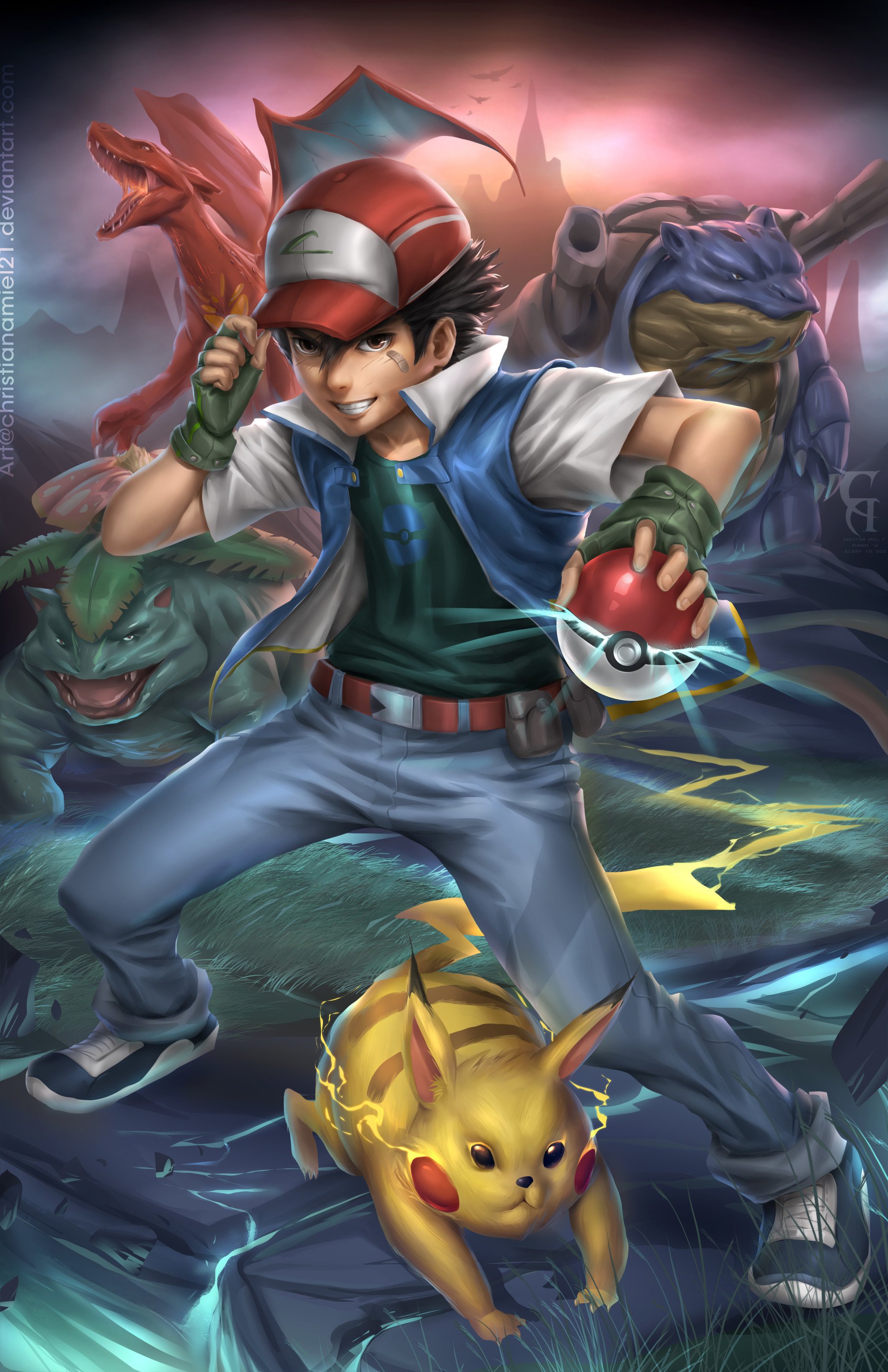 Smiling Ash Ketchum: Pokéball Ready with Pikachu, Charizard, Blastoise ...