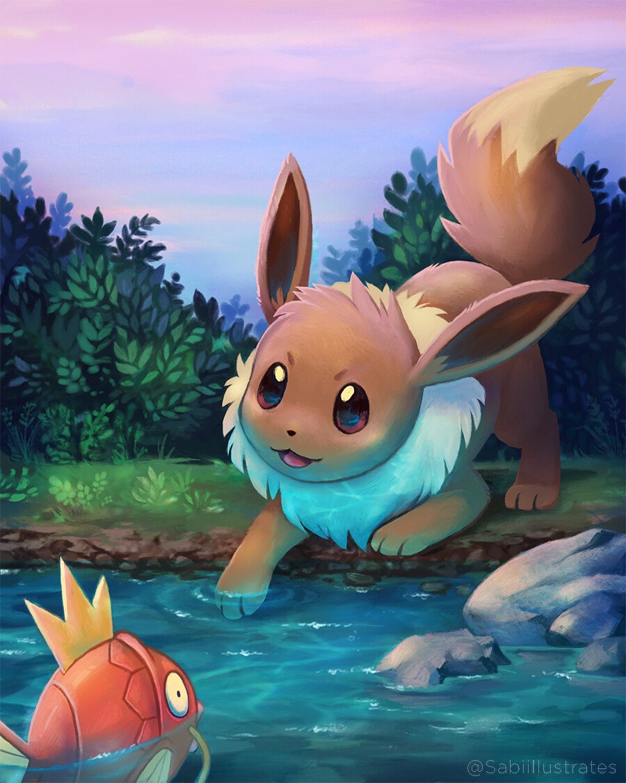 Cute Anime Waterside: Eevee & Magikarp's Sunset Splash