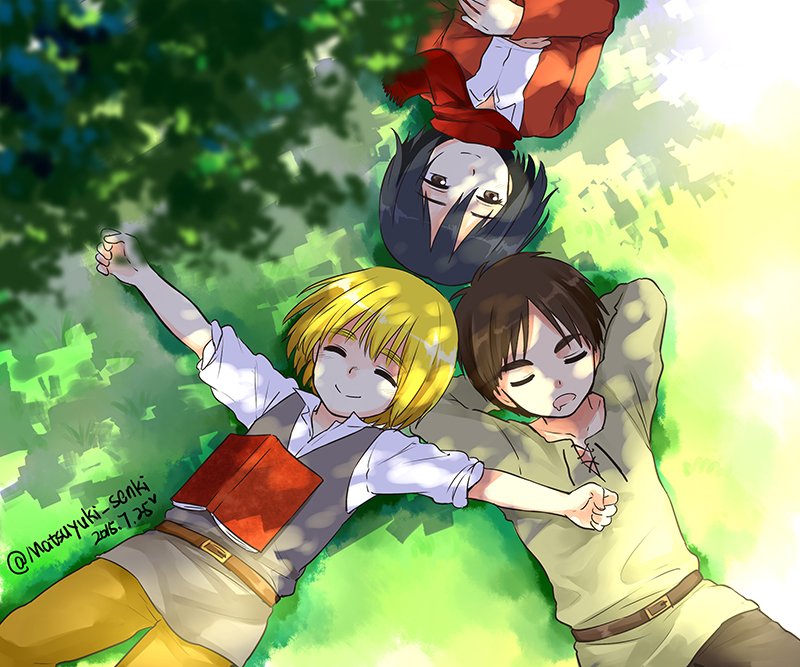 Download Black Hair Brown Hair Blonde Lying Down Mikasa Ackerman Eren ...