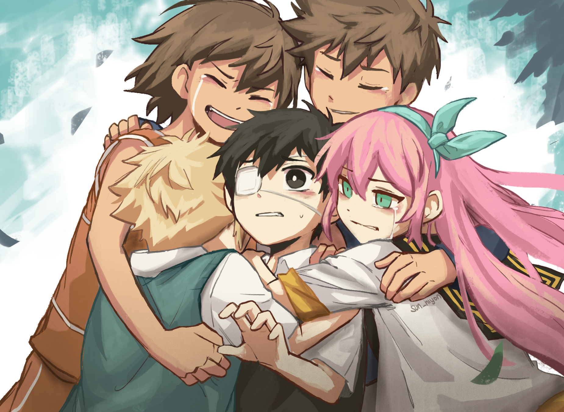 OMORI: Eyepatch Sunny Hugged by Kel, Aubrey, Basil & Hero