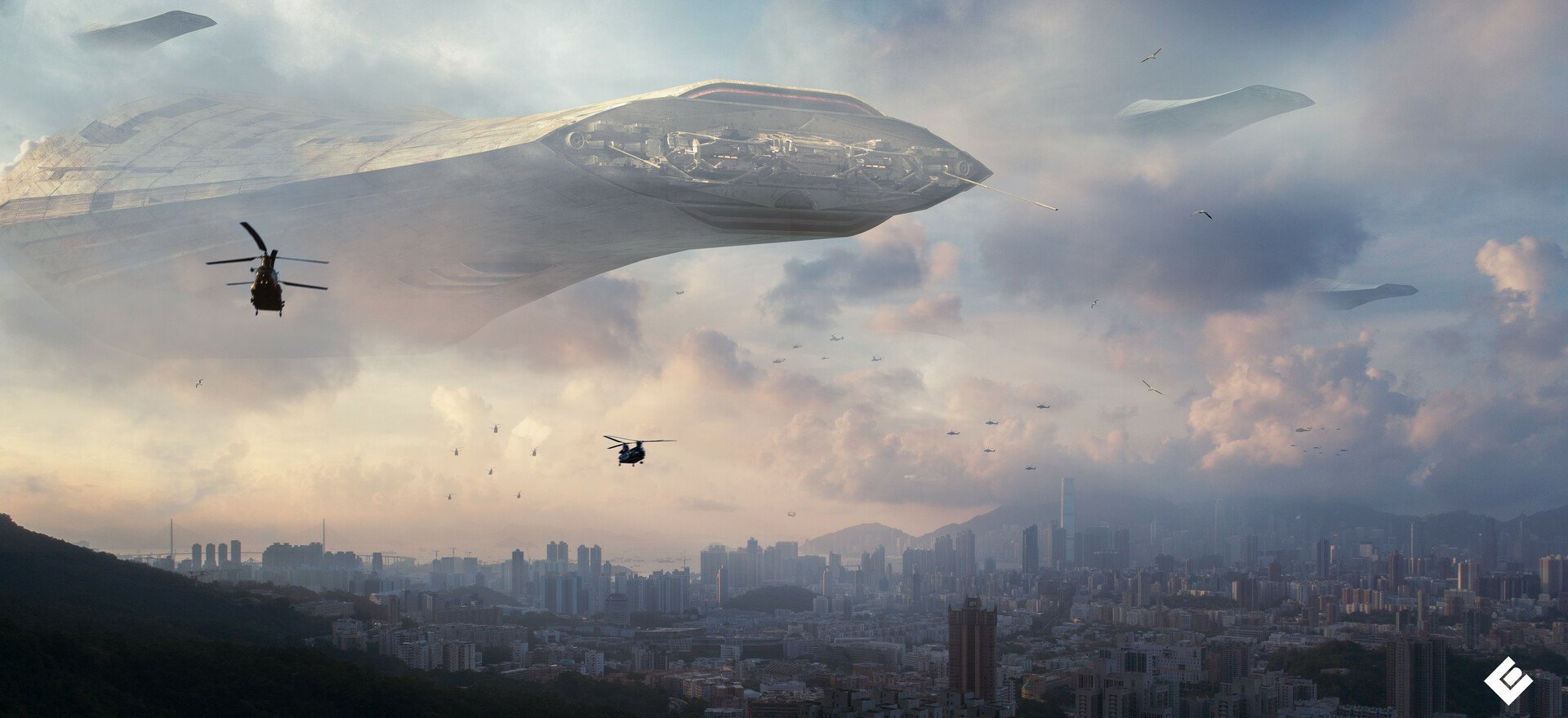 Download Sci Fi Spaceship Alien Spaceship Helicopter Cityscape Art