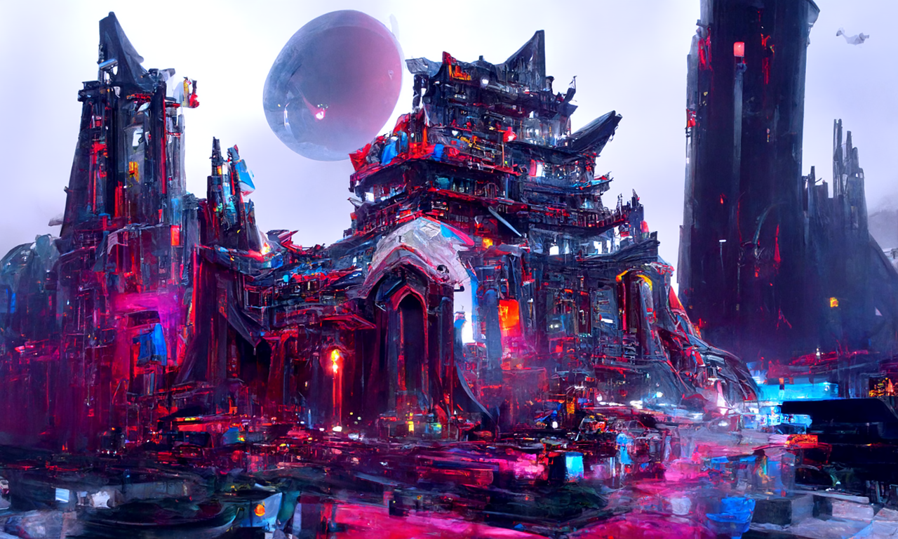 fantasy artwork of a celestial cyberpunk castle by Rehamalo