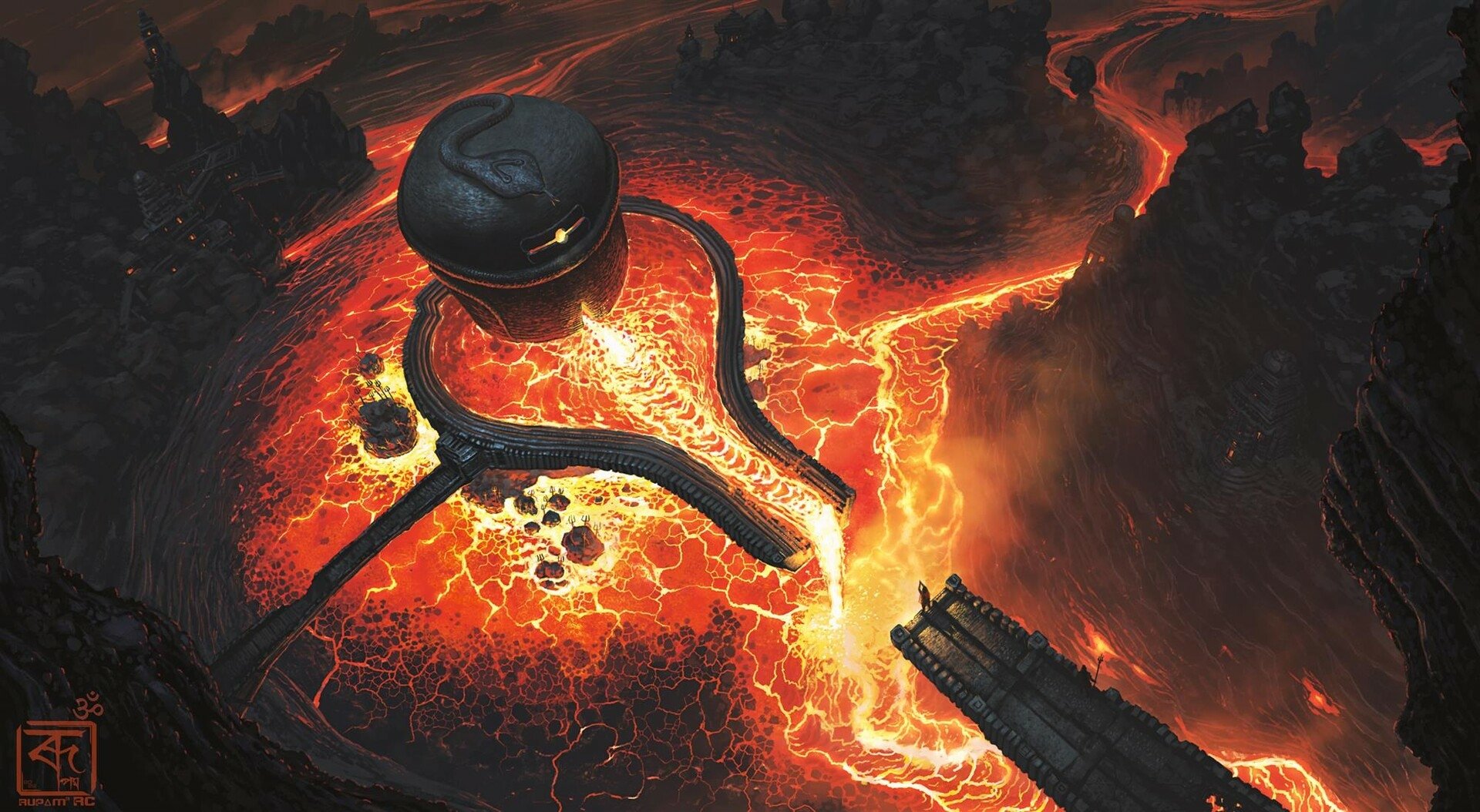 Download Fantasy Temple Volcano Lava Landscape Fantasy Landscape Art