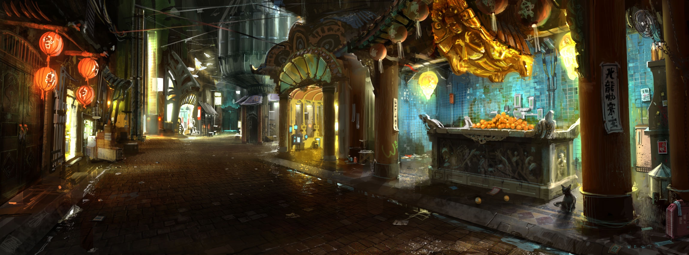Download Fantasy City Urban Alley Night Scene Lantern Art