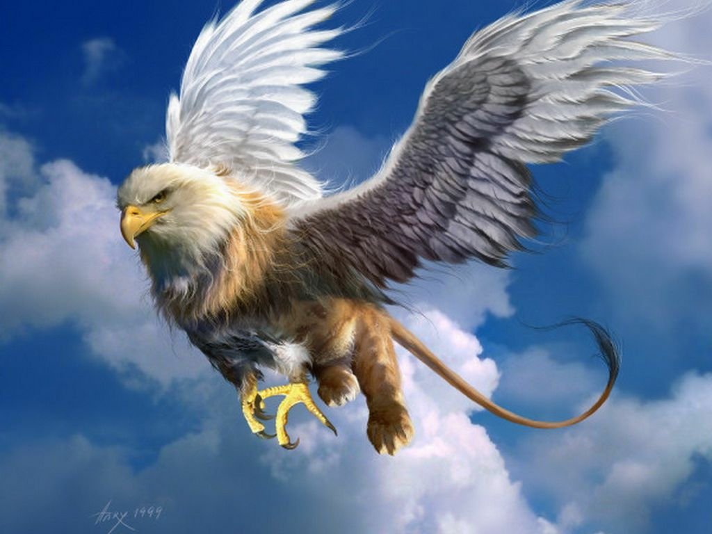 Majestic Griffin Soaring Through Fantasy Skies