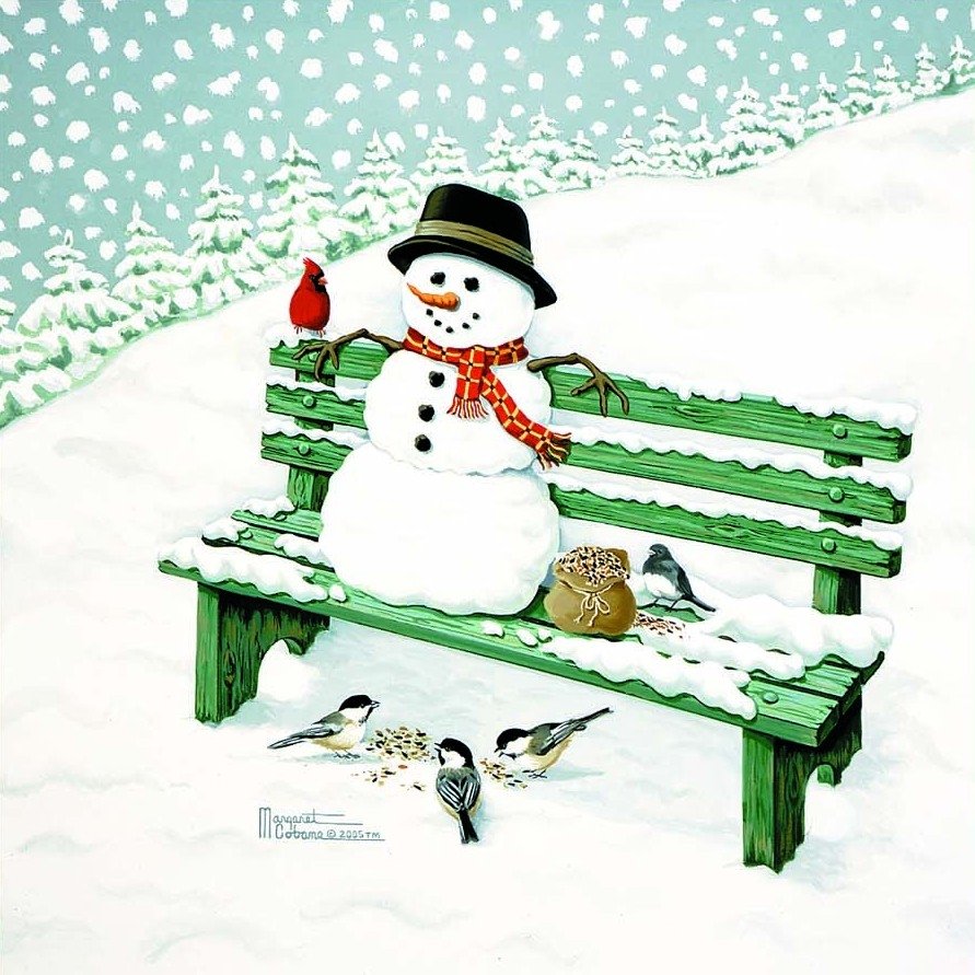Download Artistic Snowman Winter Bird Bench Art