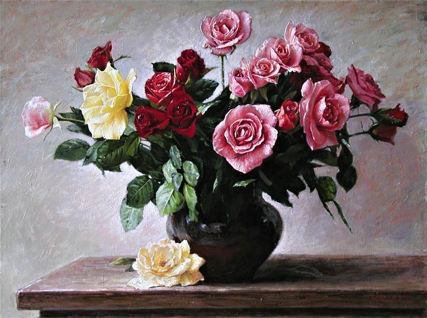 Elegant Roses: A Vibrant Display of Red and Pink Blooms in a Vase